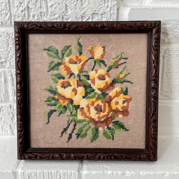 Art | Vintage Petit Point Finished Needlework Yellow Roses In 9x 9 ...